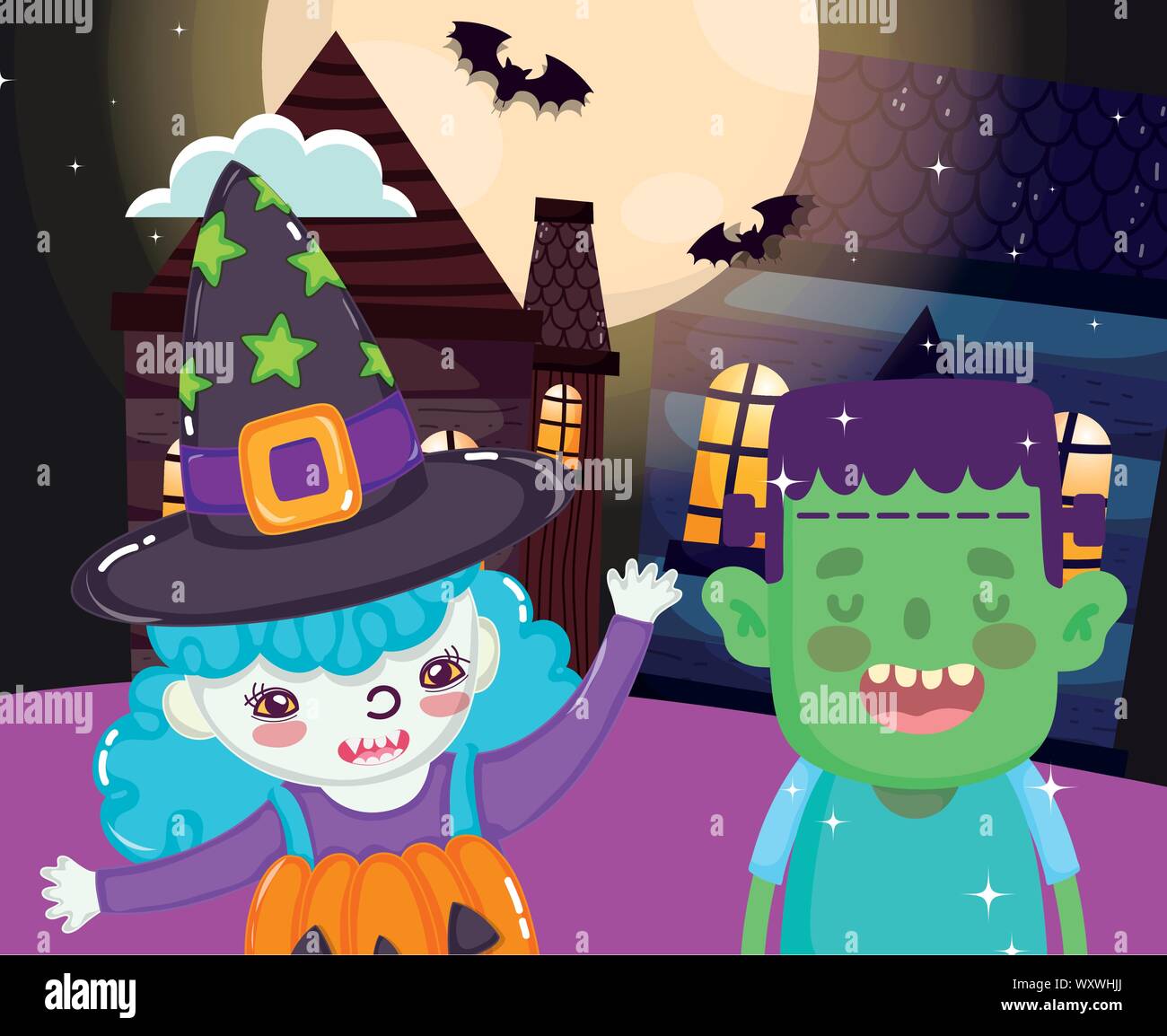 kids with frankenstein and witch costume halloween image vector ...