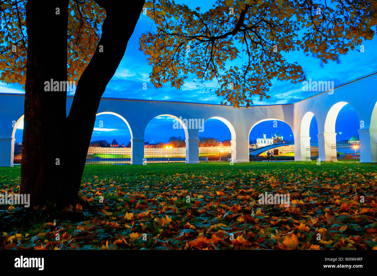 Night cityscape of Veliky Novgorod, Russia. Kremlin fortress in the ...