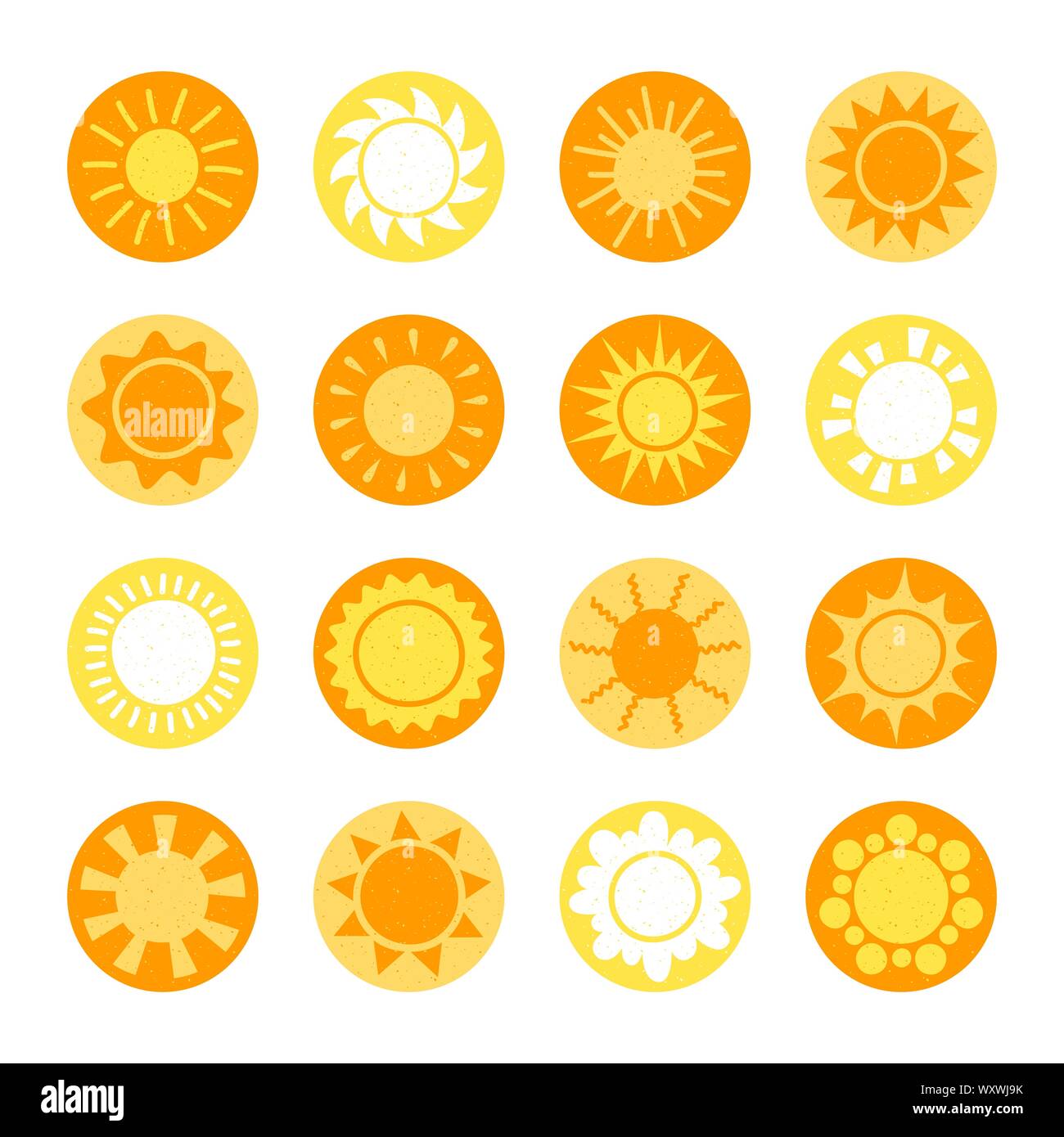 Cartoon sun collection. Yellow glossy sun icons set isolated on white ...
