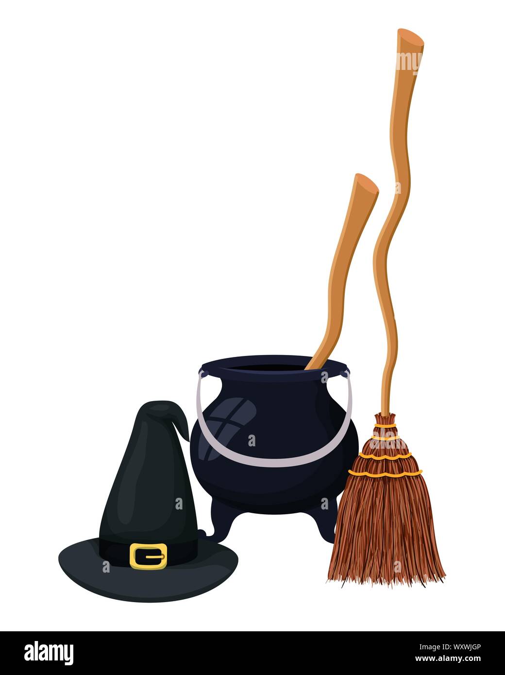 halloween witch hat and broom with cauldron Stock Vector Image & Art ...
