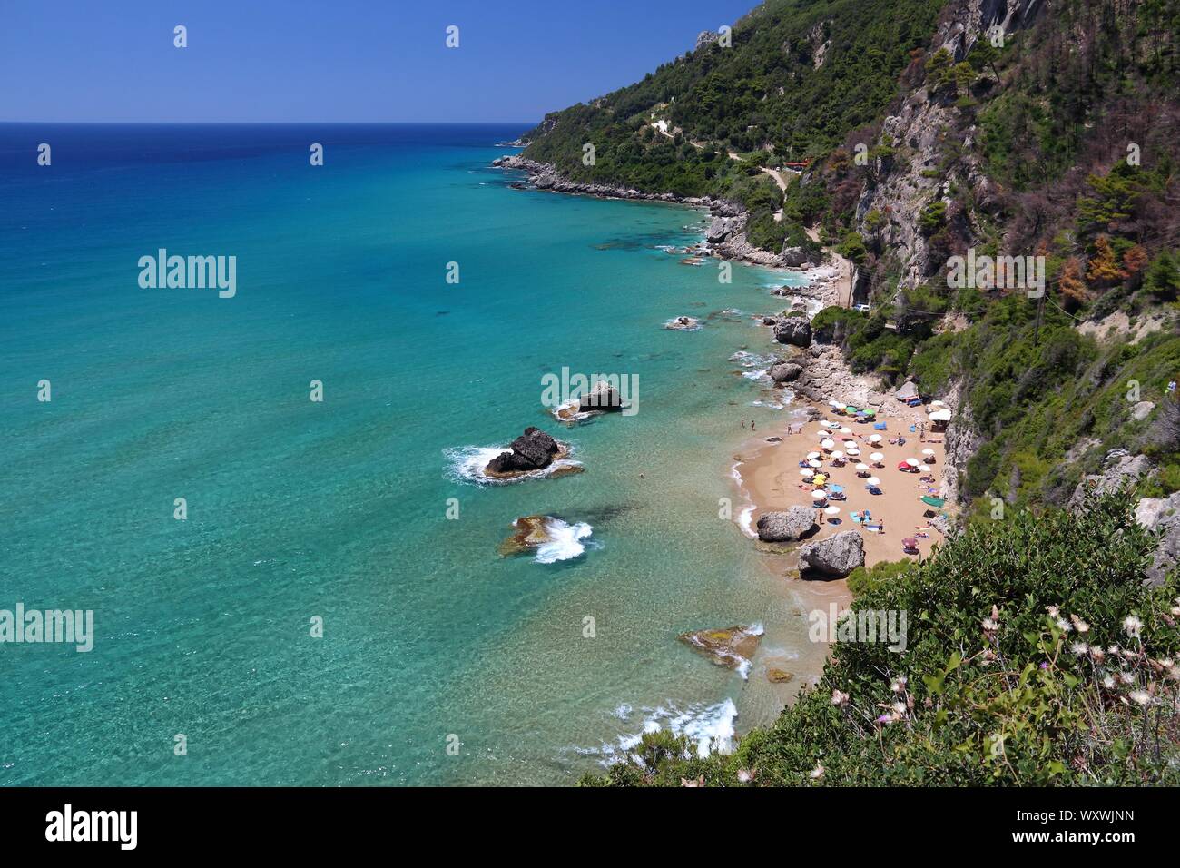 Corfu beach landscape - island in Greece. Myrtiotissa Beach below the ...