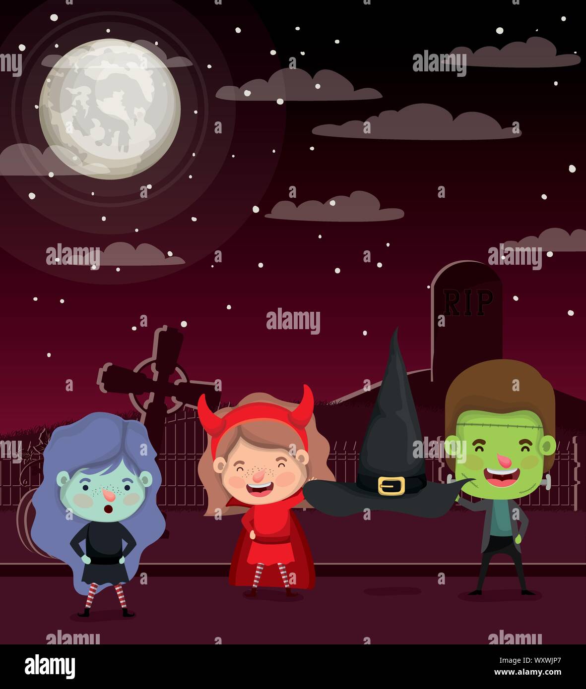 halloween season scene with kids on graveyard Stock Vector Image & Art ...