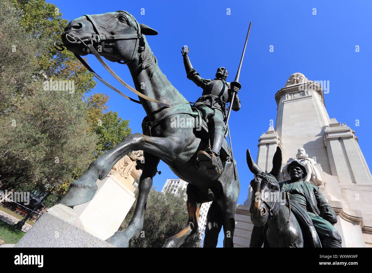 Madrid, Spain - monuments at Plaza de Espana. Famous fictional knight ...