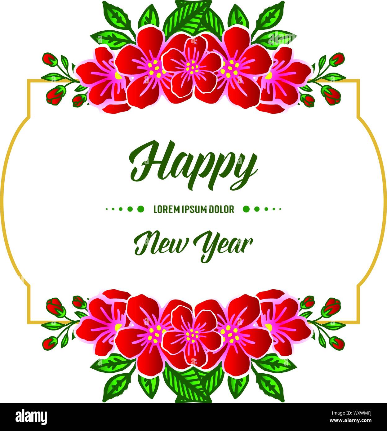 Template of card happy new year, with drawing art of red flower frame ...