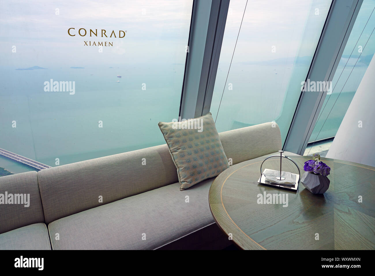 XIAMEN, CHINA -16 JUN 2019- Interior view of the Conrad Xiamen, a ...