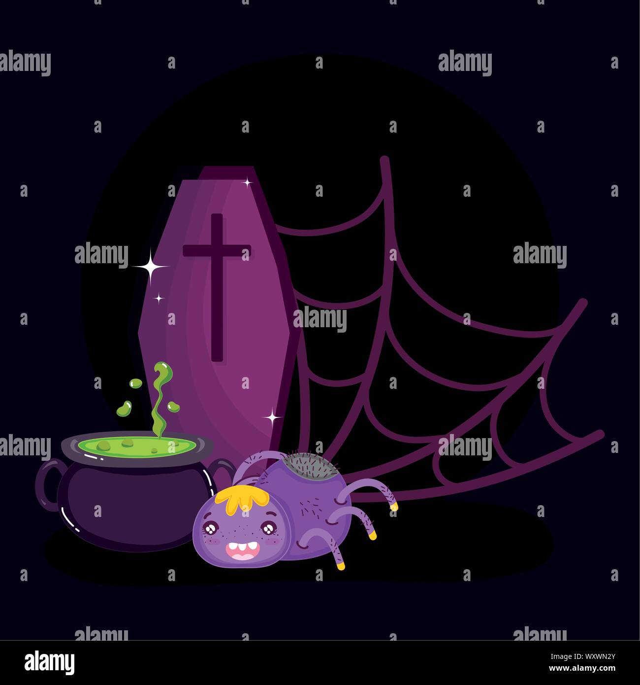 spider cobweb cauldron and coffin halloween vector illustration Stock ...