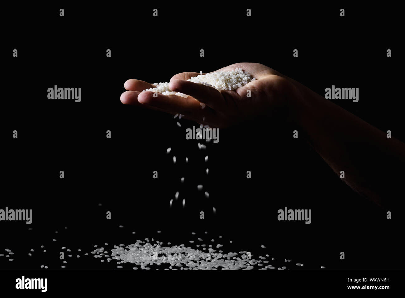 Rice falling through the fingers of male hand. Dark background Stock ...