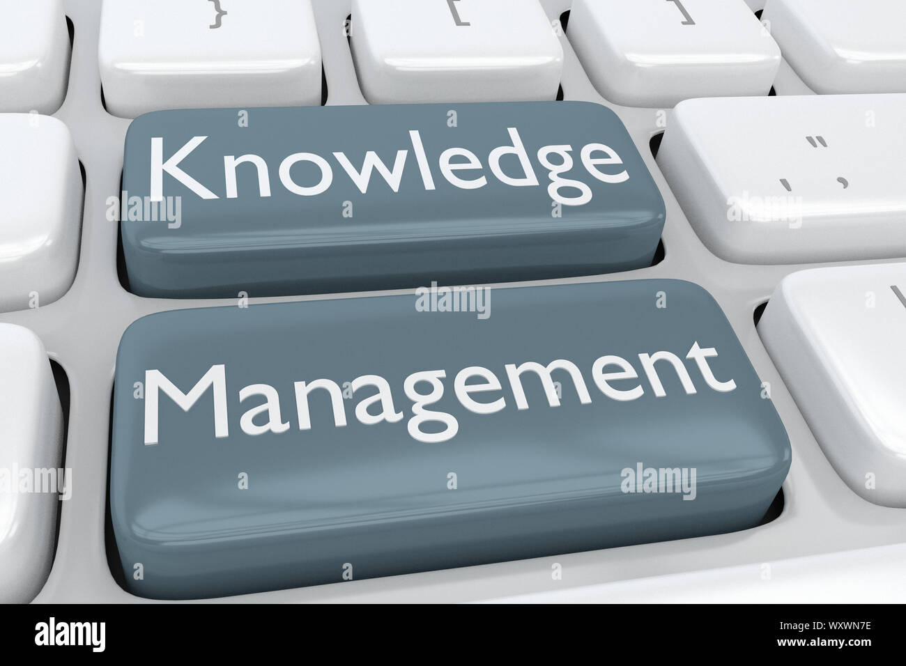 3D illustration of computer keyboard with the script Knowledge Management on two adjacent ...