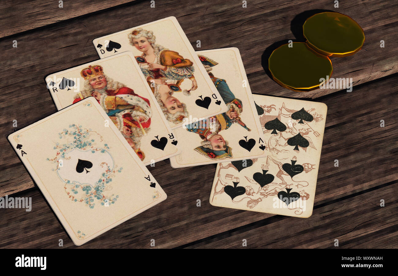 In this Wild West still life, a poker hand rests on an old wooden table ...