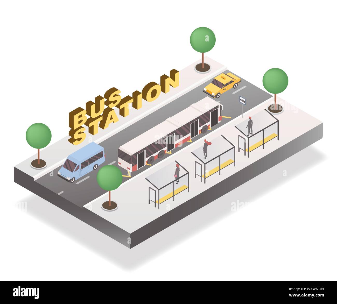Bus station isometric banner vector template. Passengers on roadside ...