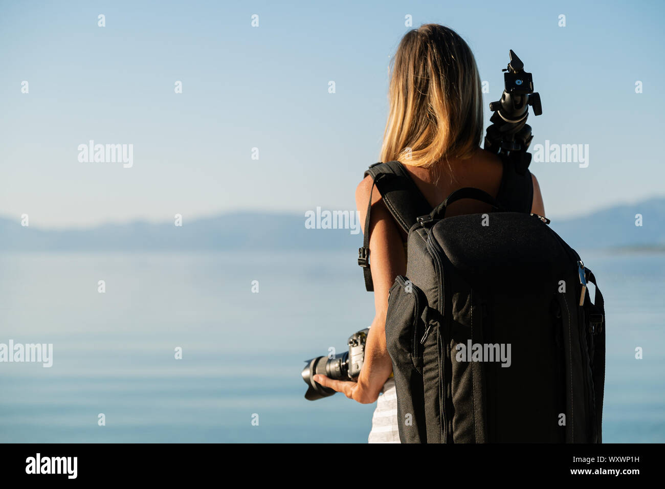 View from behind of professional female photographer with camera bag on ...