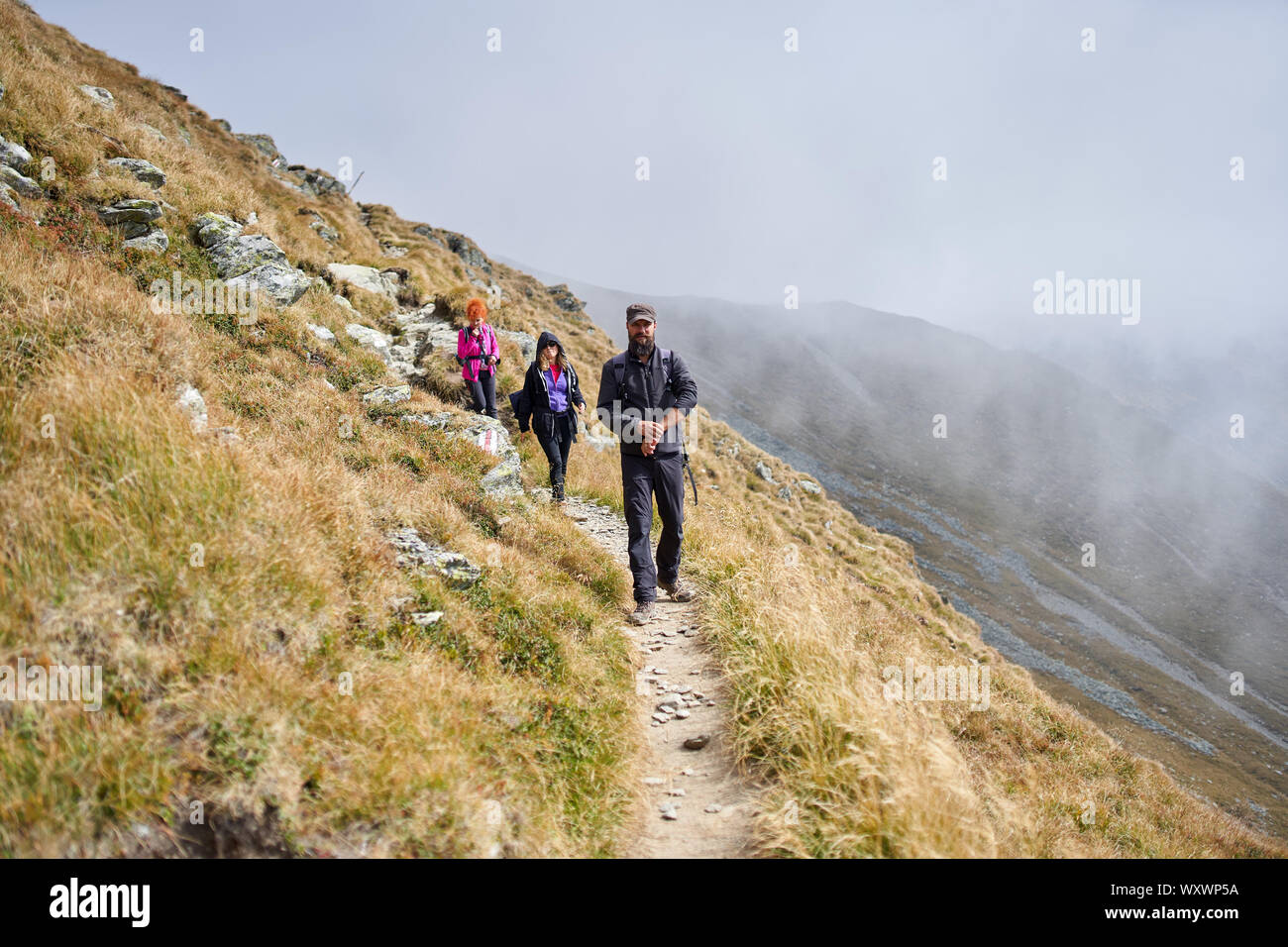Group of people with backpacks hiking on a mountain trail Stock Photo ...