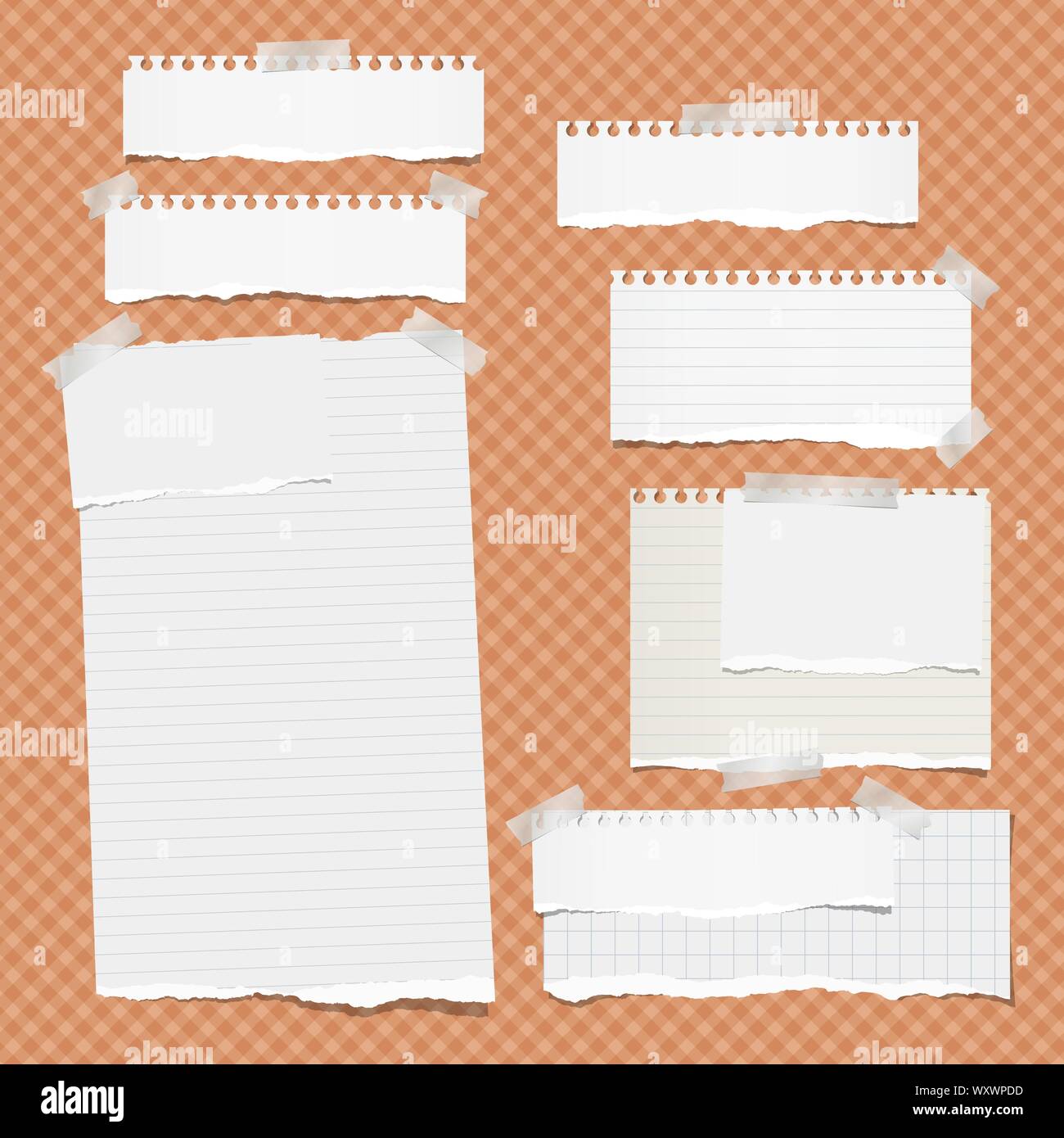 Torn white note, notebook paper strips stuck with sticky tape on ...
