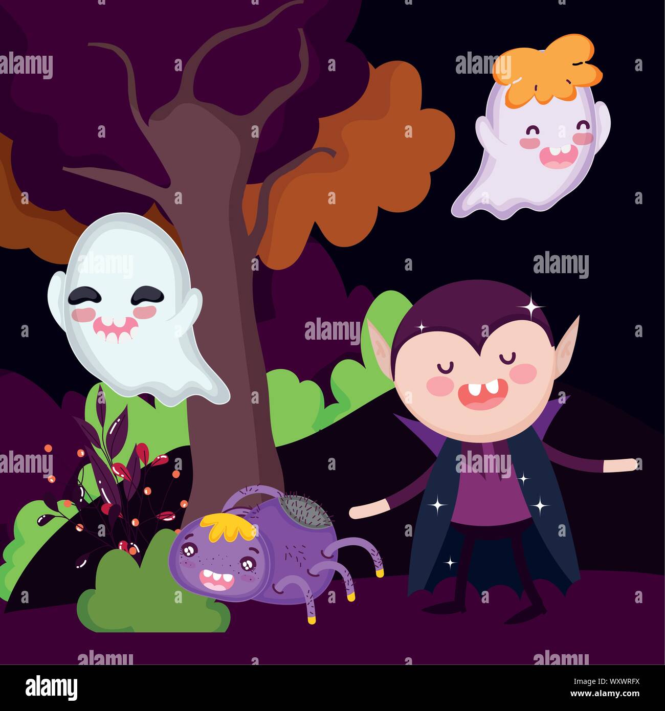 dracula ghosts spider forest trees halloween vector illustration Stock ...