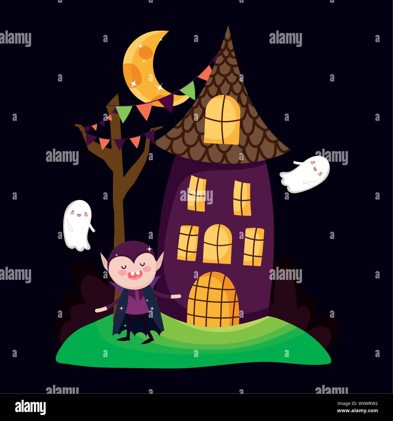 count dracula house and ghosts halloween vector illustration Stock ...