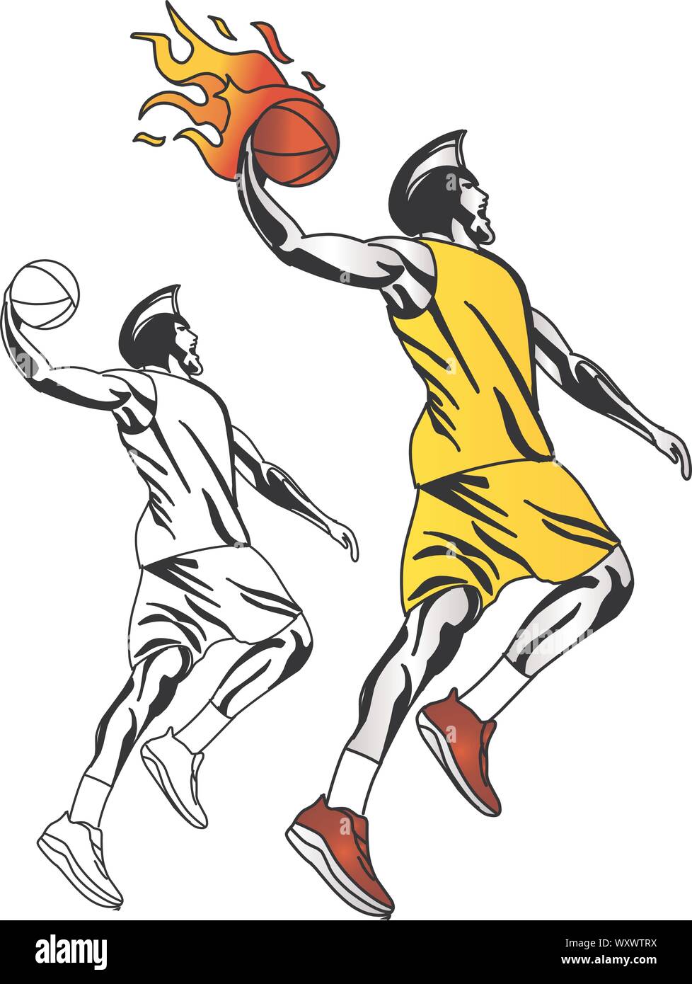 vector Basketball player jump in the air to shot with a slam dunk ...