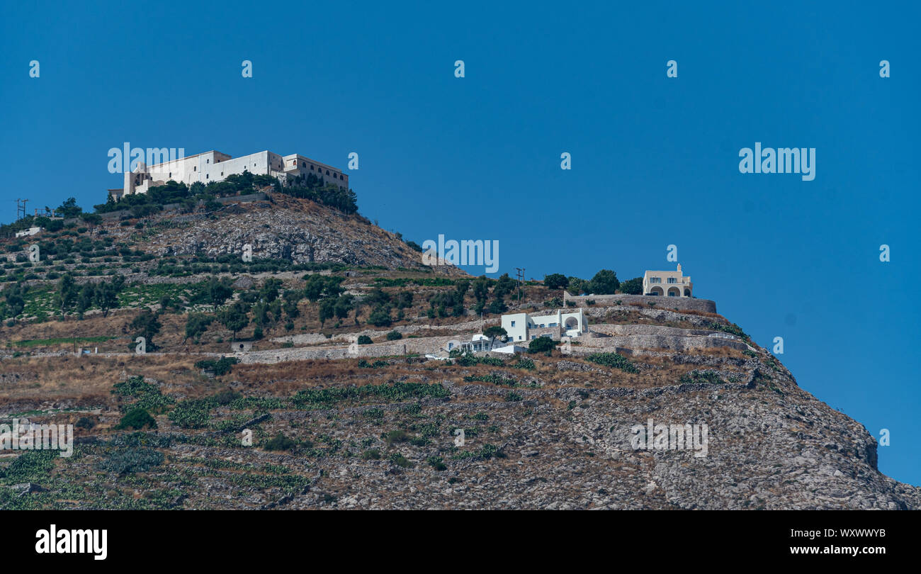 The monastery of Prophet Elias atop Santorini's highest mountain peak ...