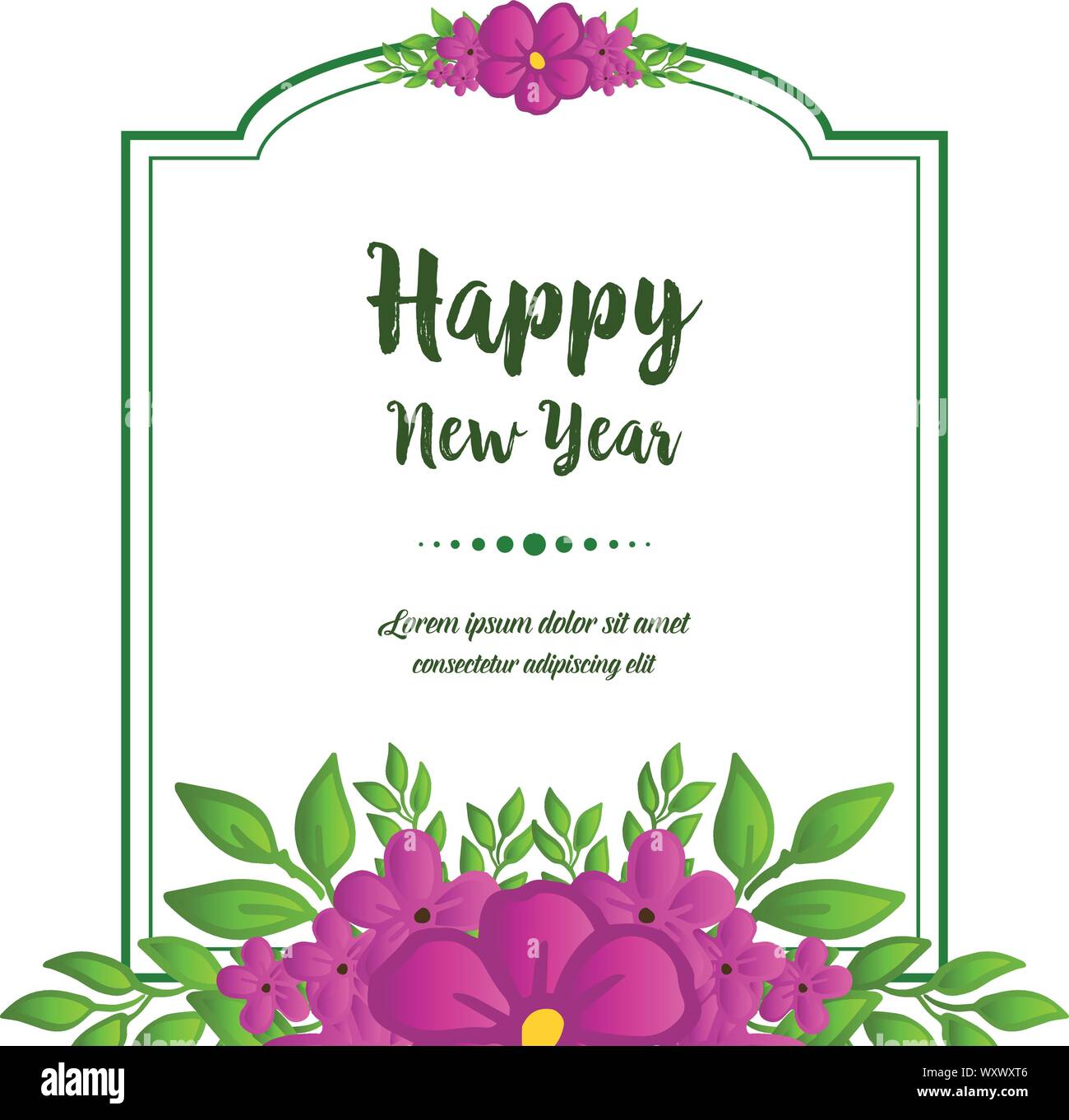 Greeting card happy new year, with pattern art of purple flower frame ...