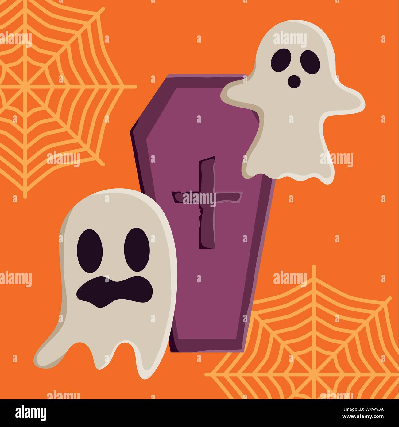 ghosts and coffin cobweb trick or treat - happy halloween vector ...