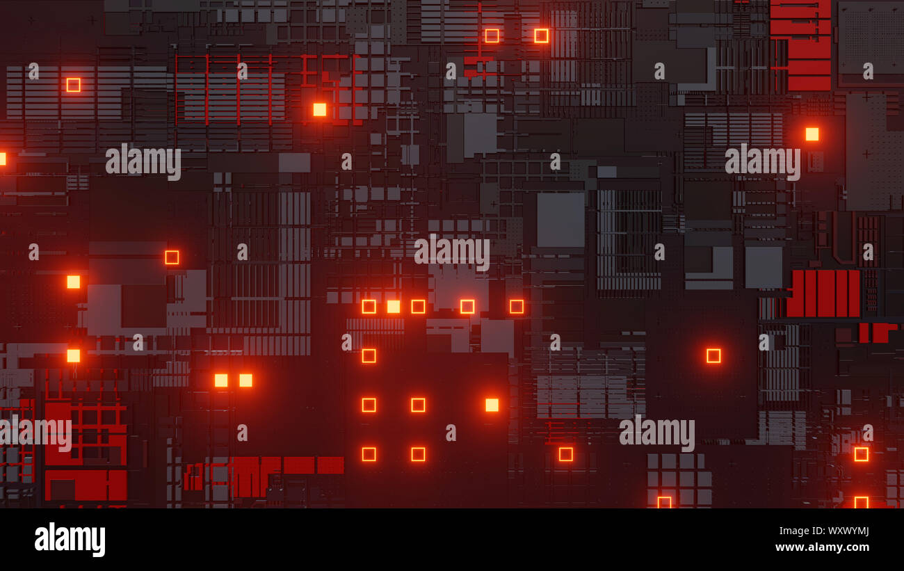 Abstract futuristic design. Tech wall with red bright elements. DOF ...