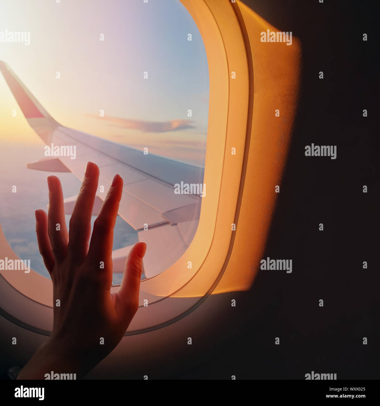 Woman's hand touching a window glass on the plane in sunset light Stock ...