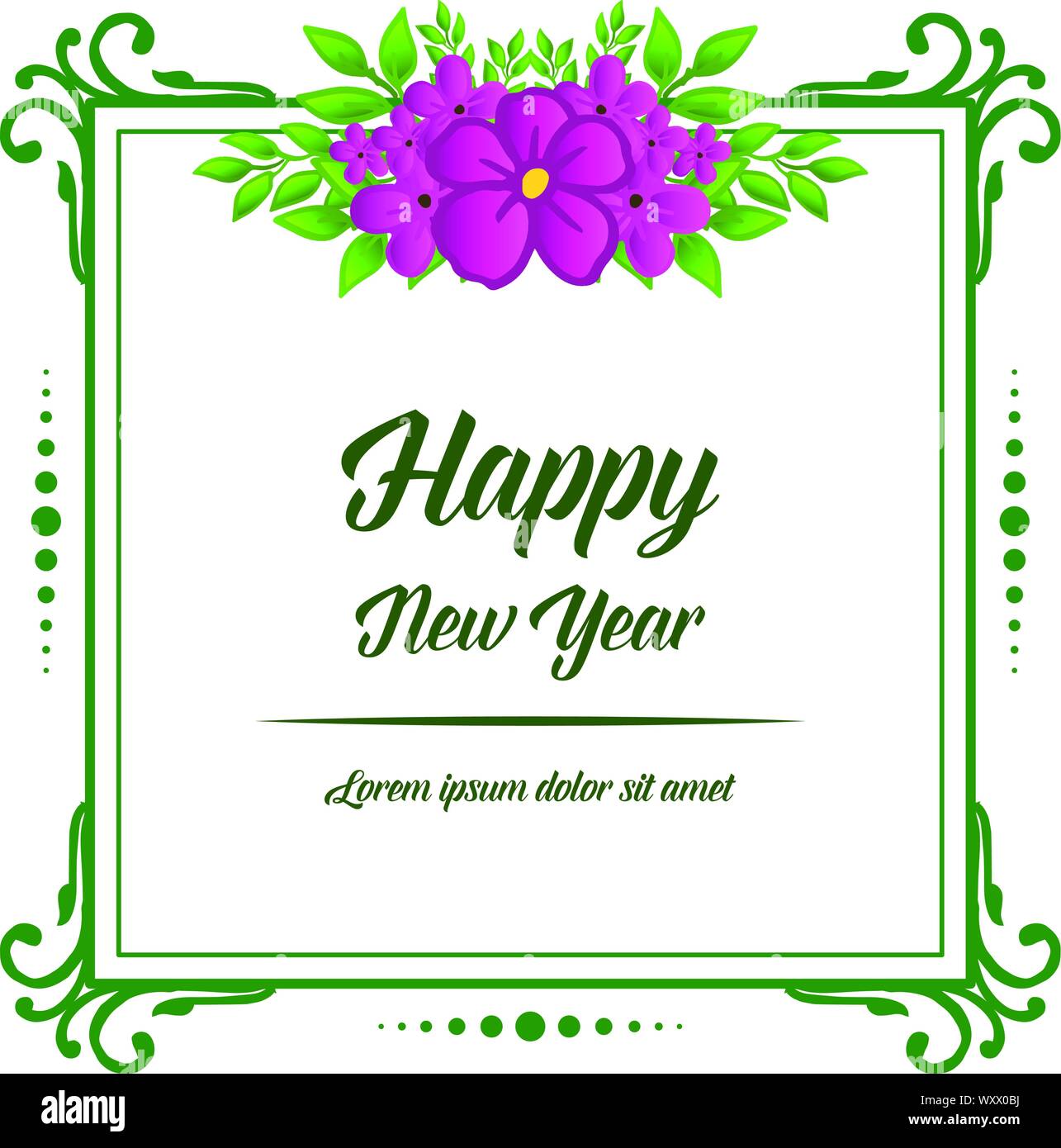 Greeting card happy new year, with pattern art of purple flower frame ...
