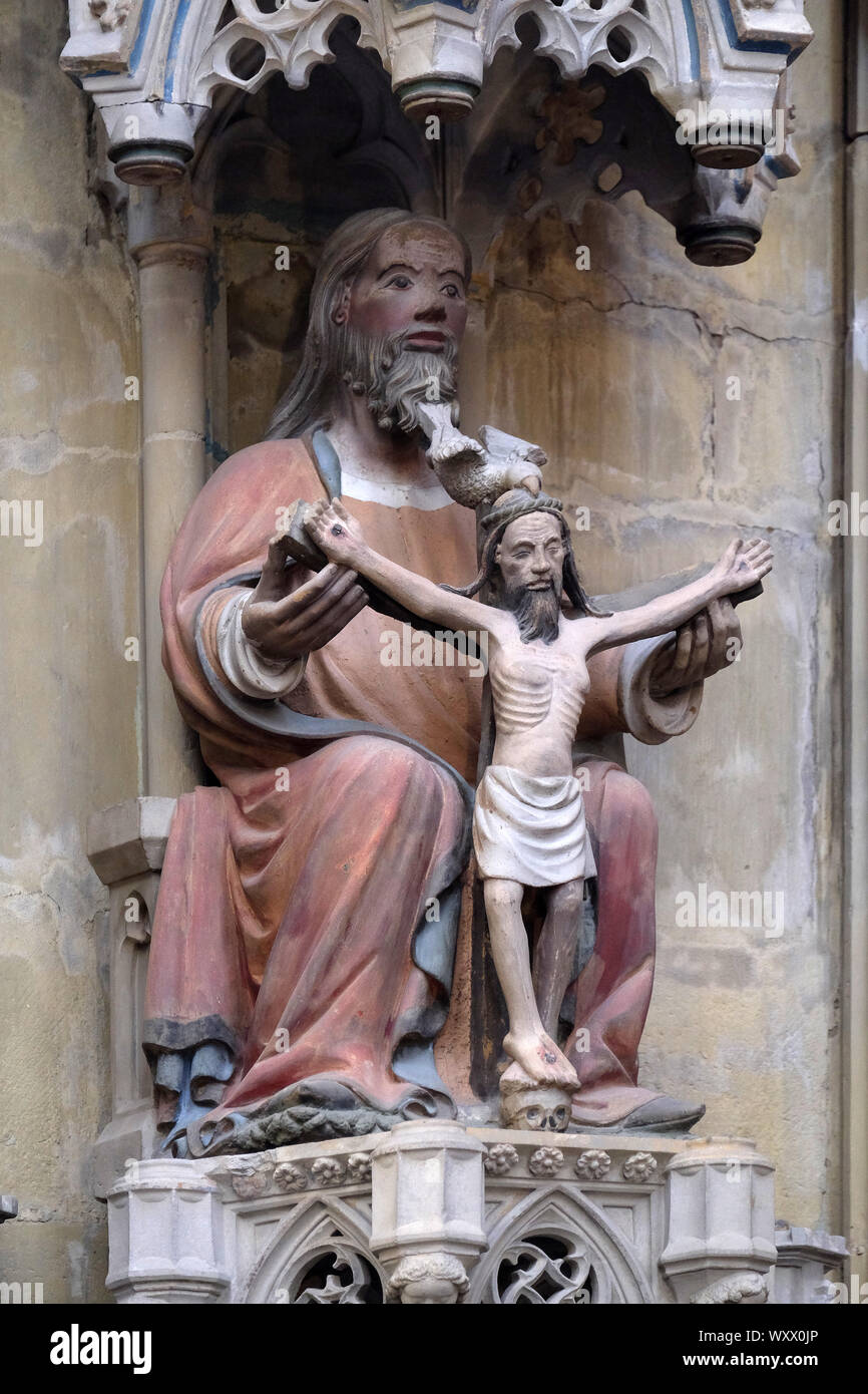 Holy Trinity, statue on the tabernacle in St James Church in Rothenburg ...