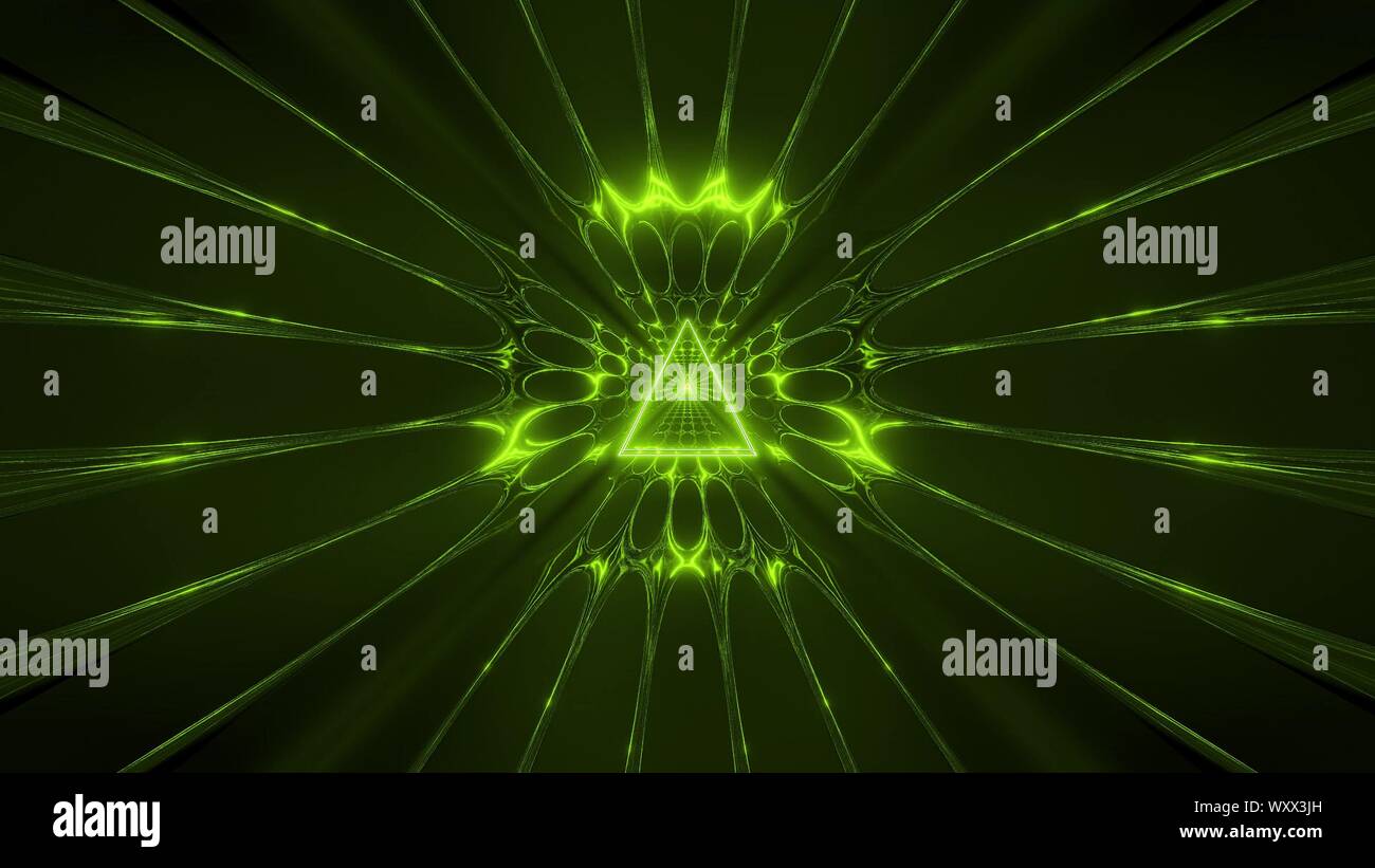 green glowing fantasy triangle wireframe design with reflective ...