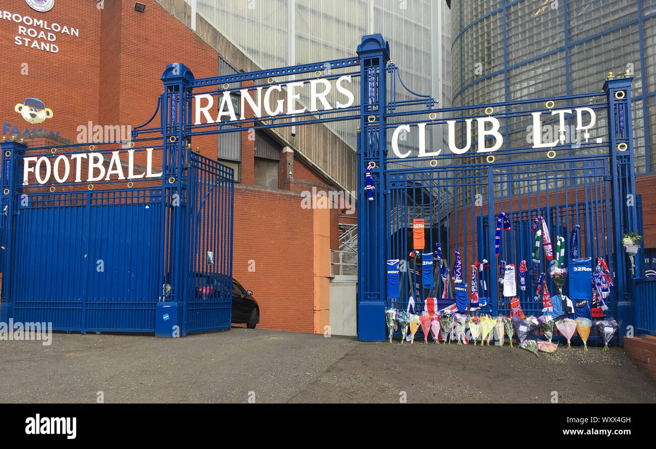 Tributes are laid outside Ibrox stadium in memory of former Rangers ...