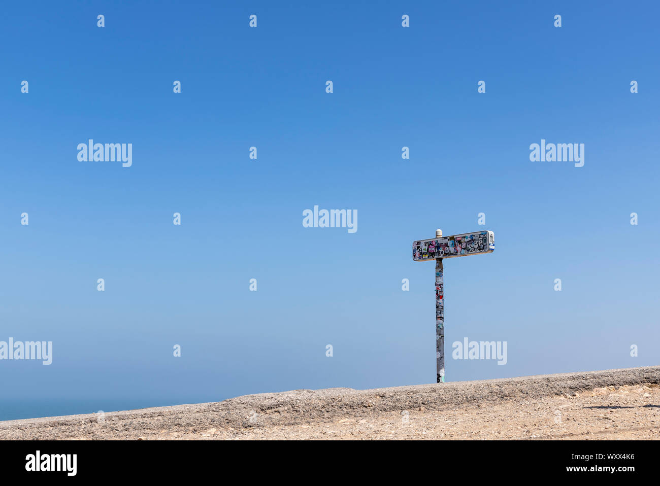 Nazare, Portugal - July 18, 2019: A roasdsign covered with stickers ...