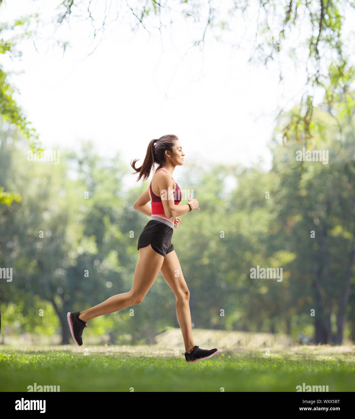 Full length profile shot of a young woman jogging in a park Stock Photo ...