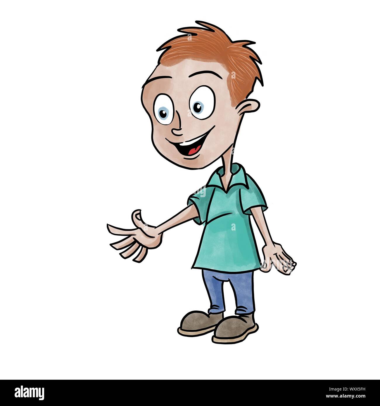 a cute cartoon character of a man or boy holding out his hand smiling ...