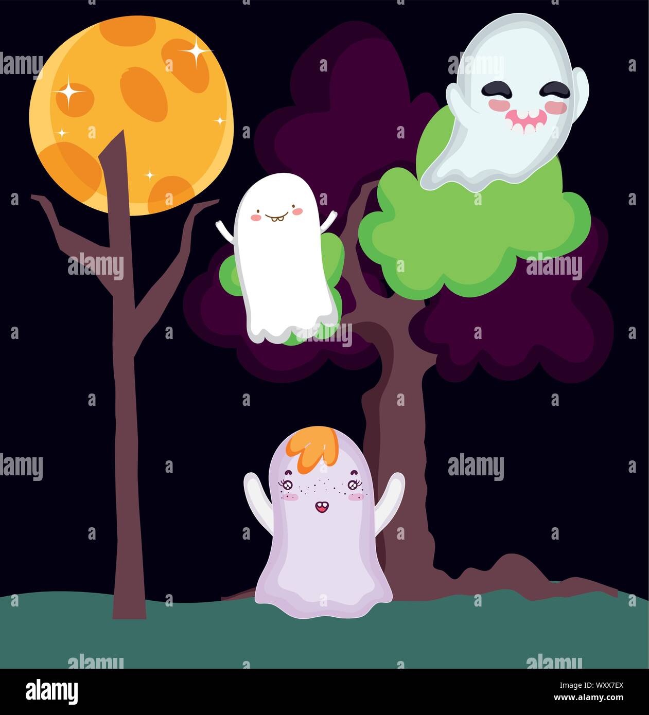 ghosts cartoon in the night halloween vector illustration Stock Vector ...