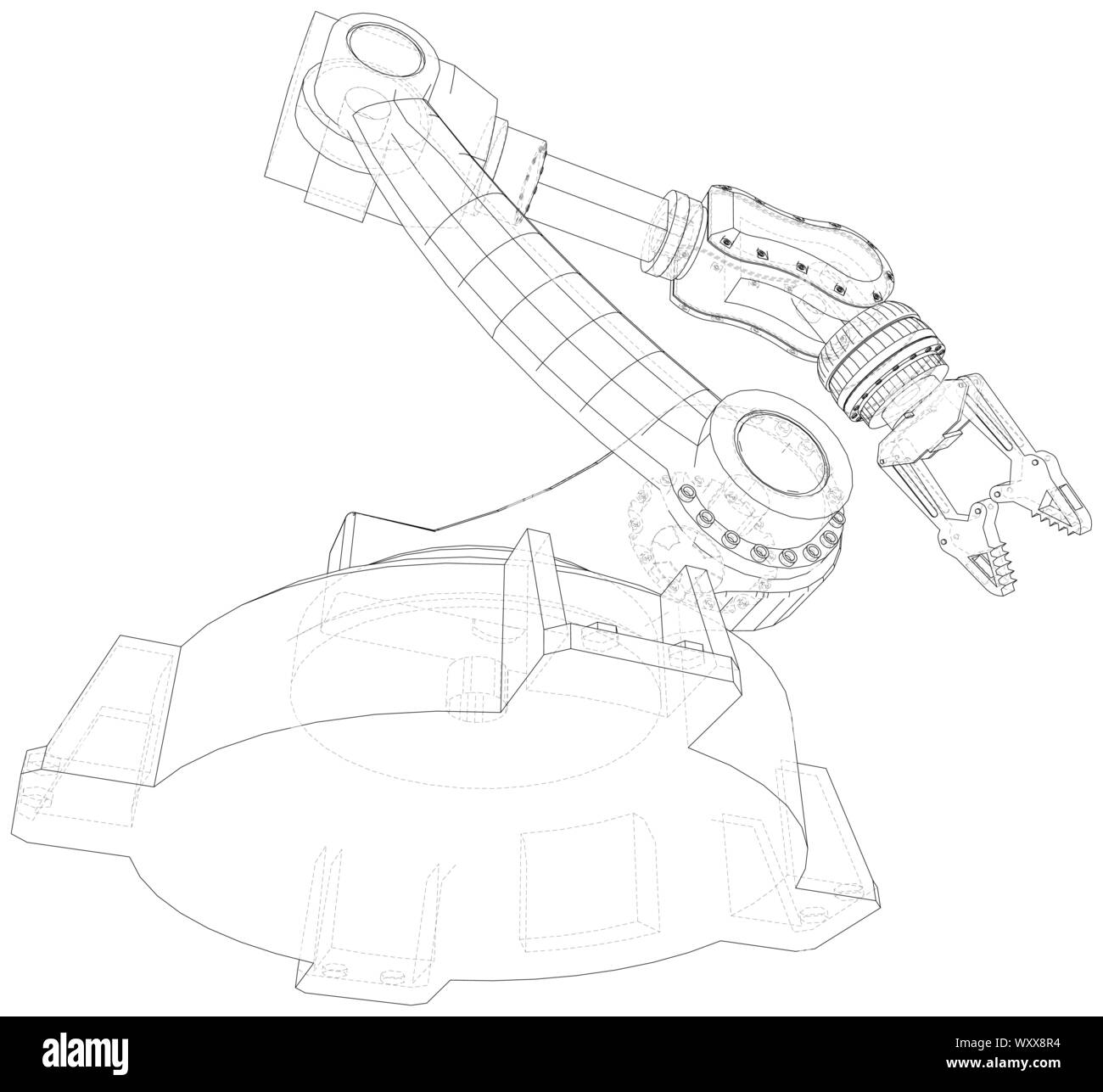 Robot arm, industrial machinery. Technical illustration wire-frame ...