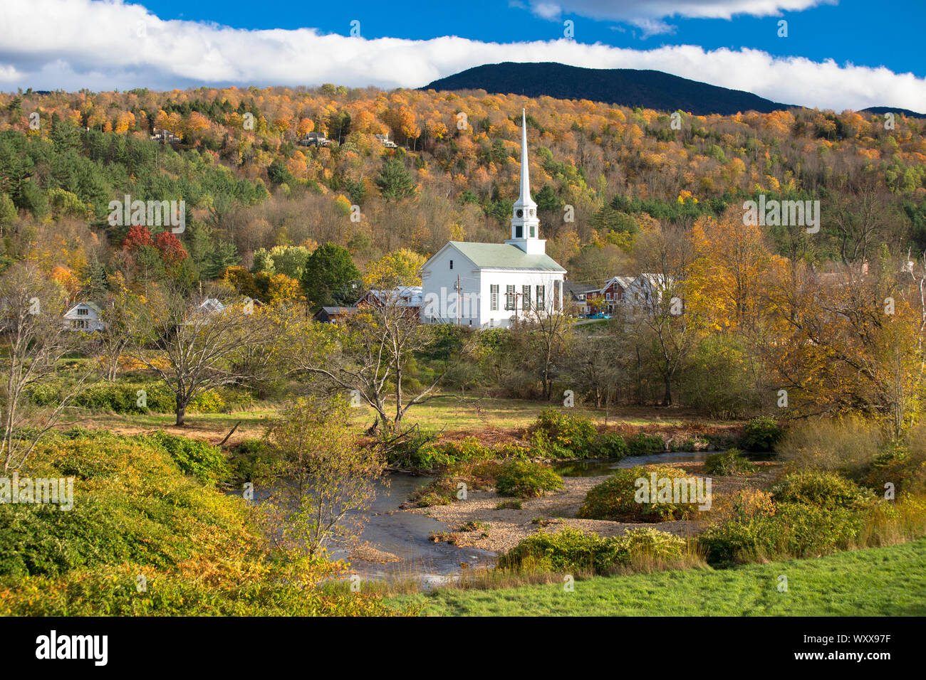 Typical New England scene - Stowe Church in a landscape of Fall foliage ...