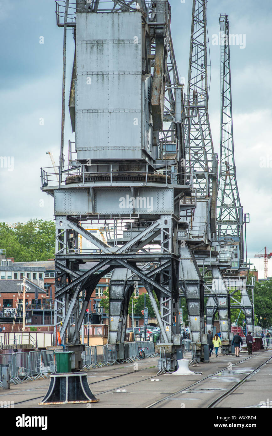 Cranes in the Floating Harbour section of Bristol Docks, Avon, England ...