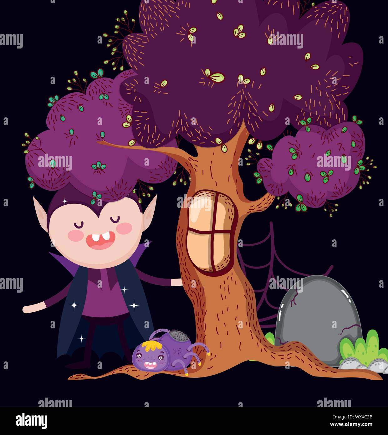 dracula with spider tree halloween vector illustration Stock Vector ...