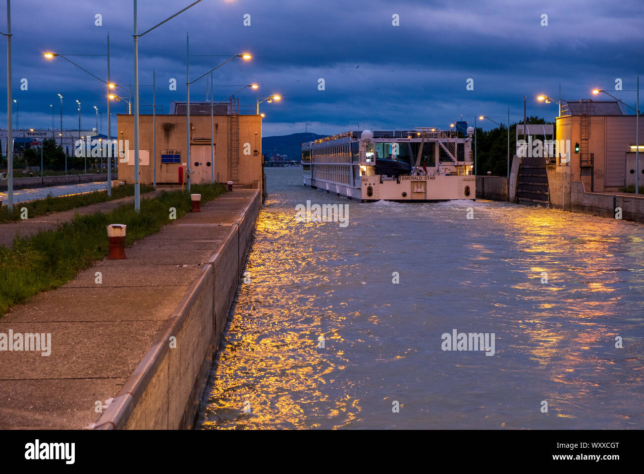 VIENNA, AUSTRIA - AUGUST 21, 2019: navigation locks in Danube Freudenau ...