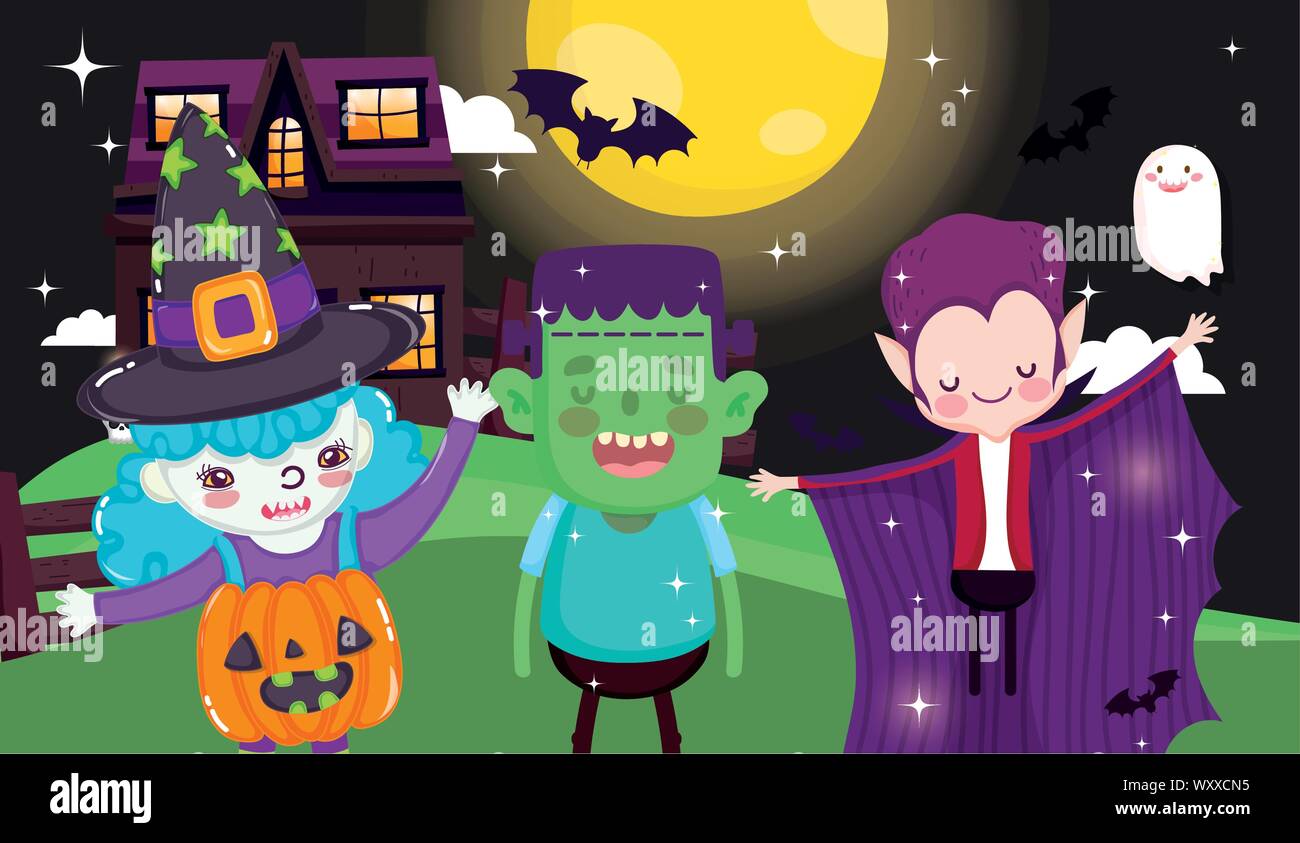 kids with witch dracula and frankenstein costume halloween image vector ...