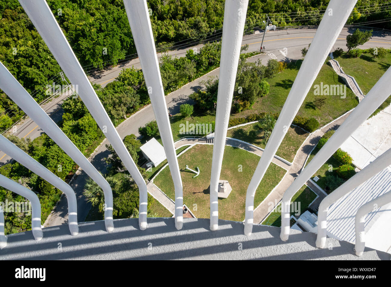 The view looking down through the railings from the top balcony of The ...