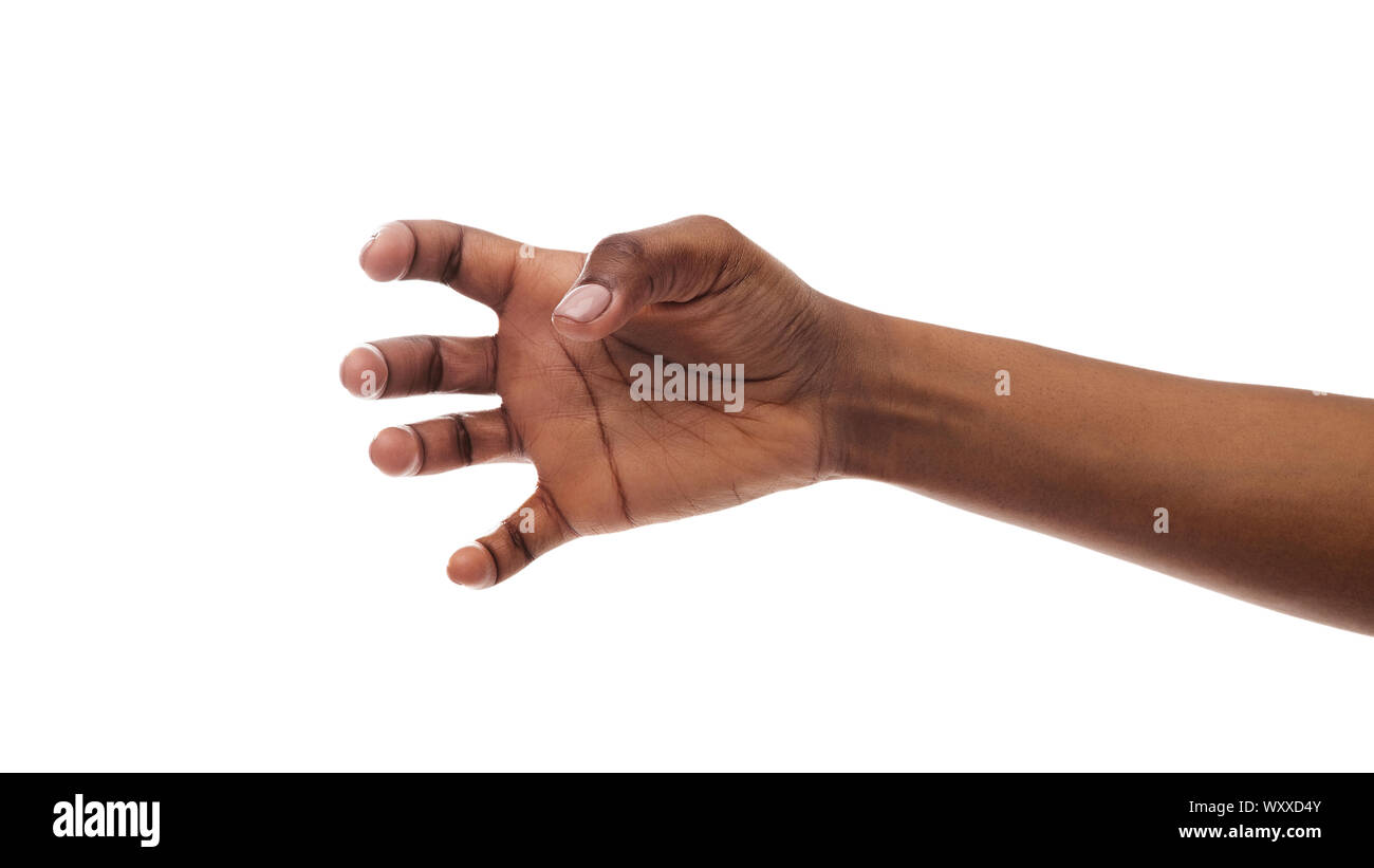 Afro woman's hand grabbing something invisible on white background ...