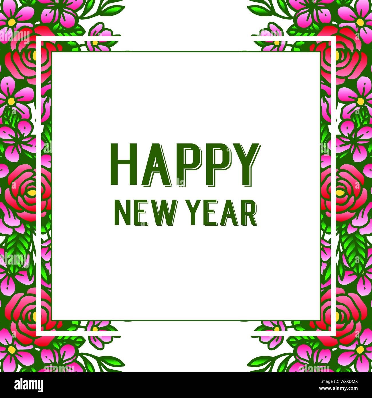 Letter of happy new year, with decor crowd of colorful flower frame ...