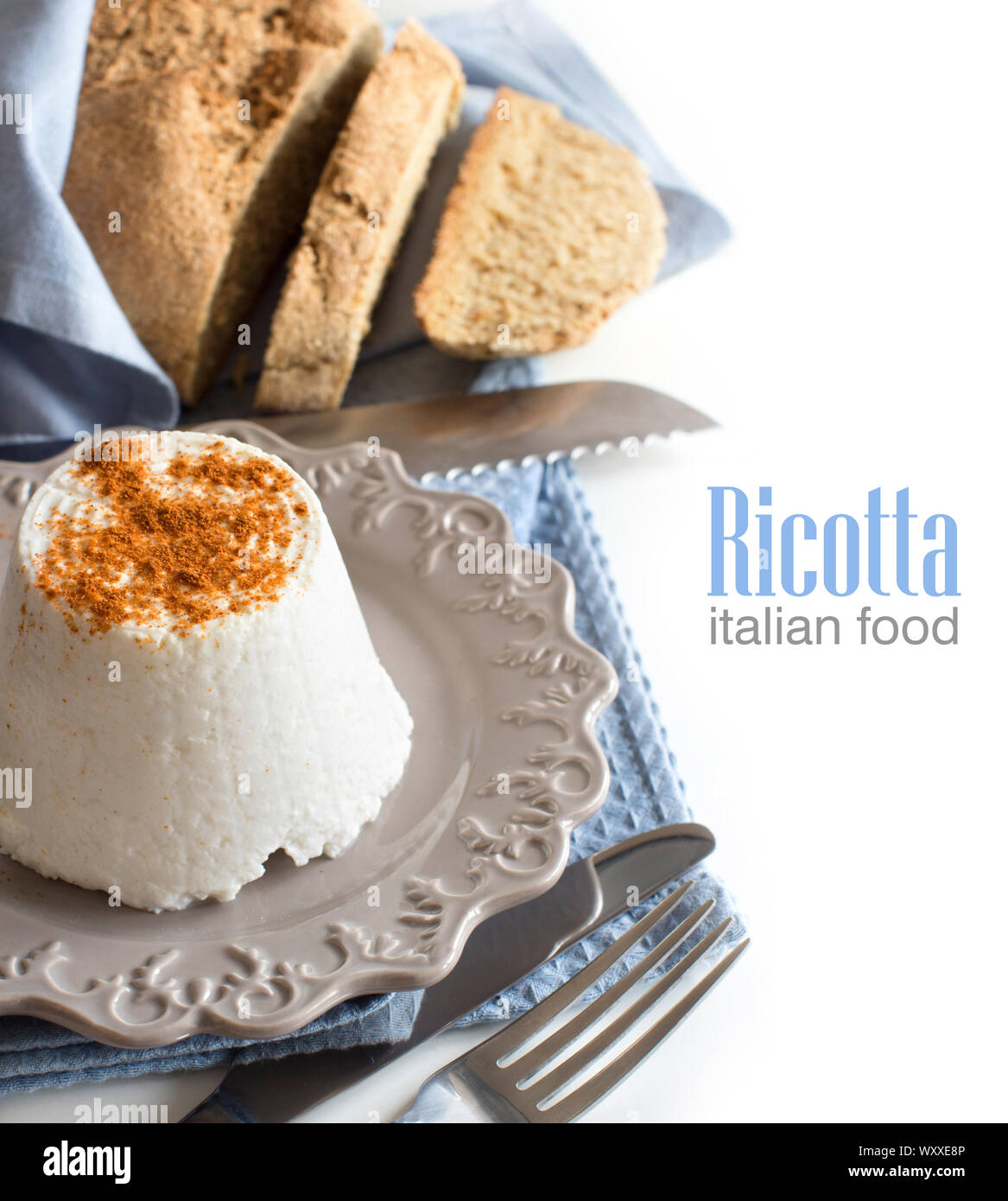 Italian ricotta cheese and homemade bread isolated on white Stock Photo ...