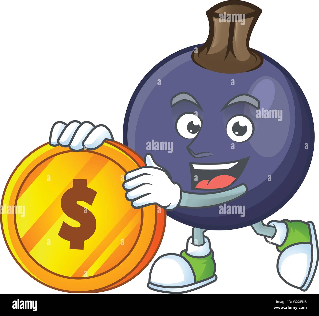 Bring coin blackcurrant cartoon mascot on white background Stock Vector ...