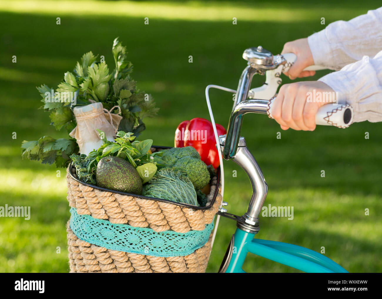 Woman ride a bike with full basket of fresh vegetables Stock Photo - Alamy