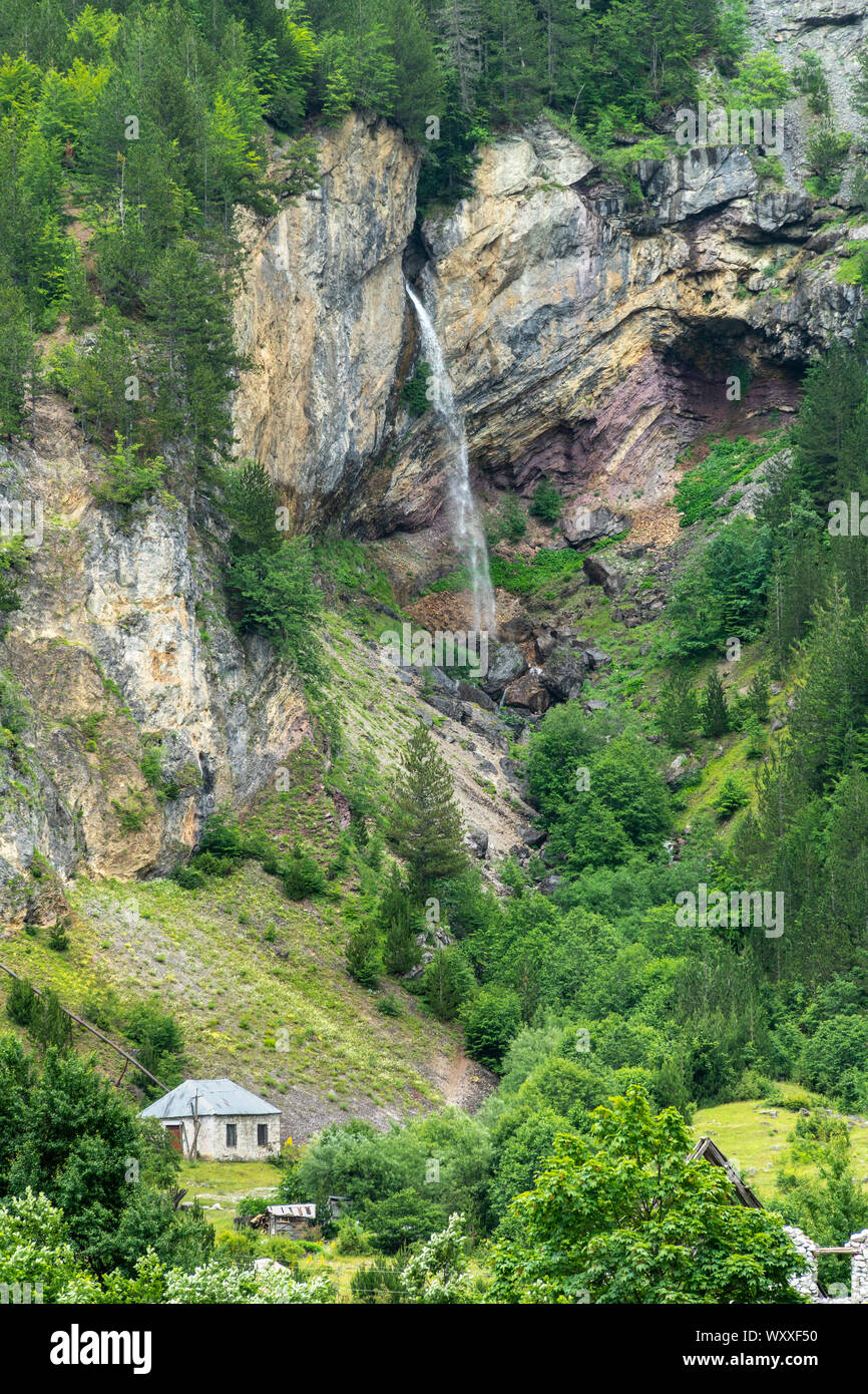 A waterfall at the remote village of Çerem in the Albanian Alps, also ...
