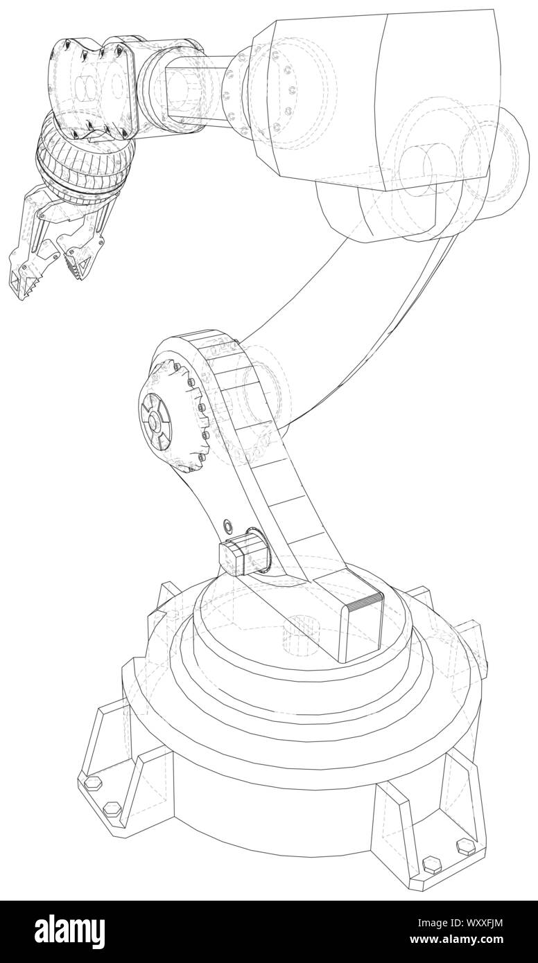 Robot arm, industrial machinery. Technical illustration wire-frame ...