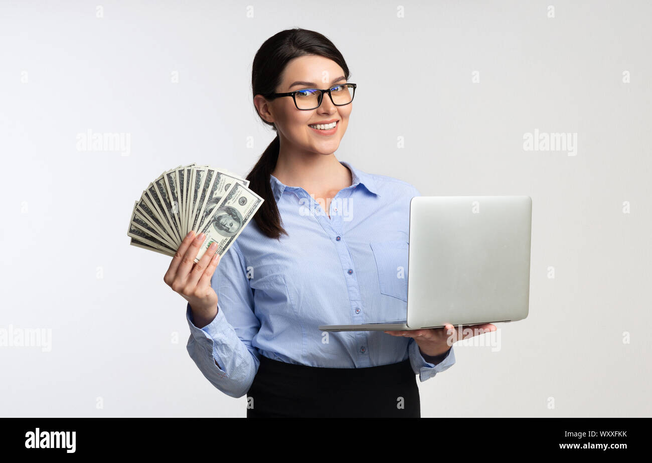 Business Girl Holding Laptop Computer And Money On White Background ...