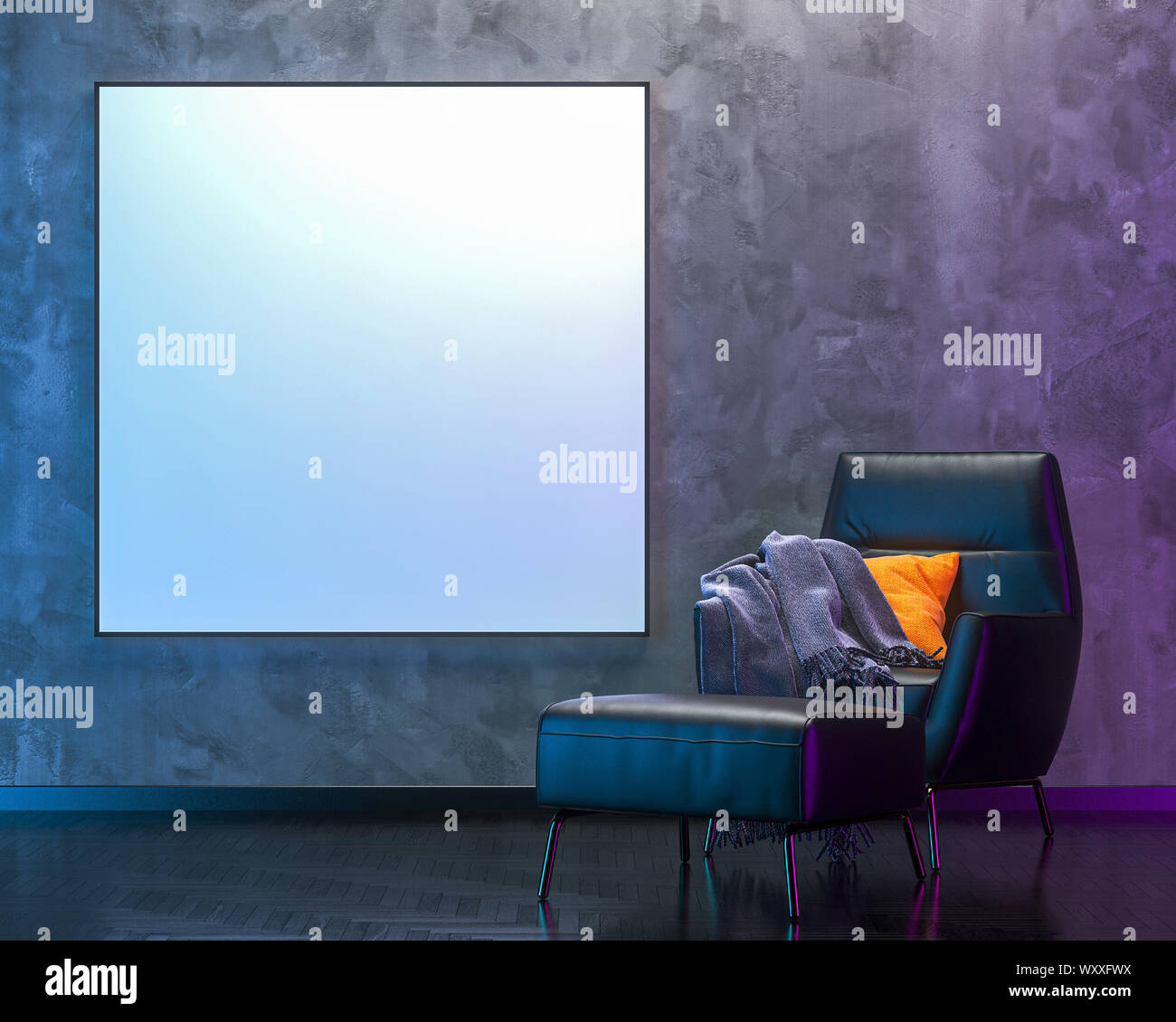 Blank picture background with modern colored lights in empty room by ...