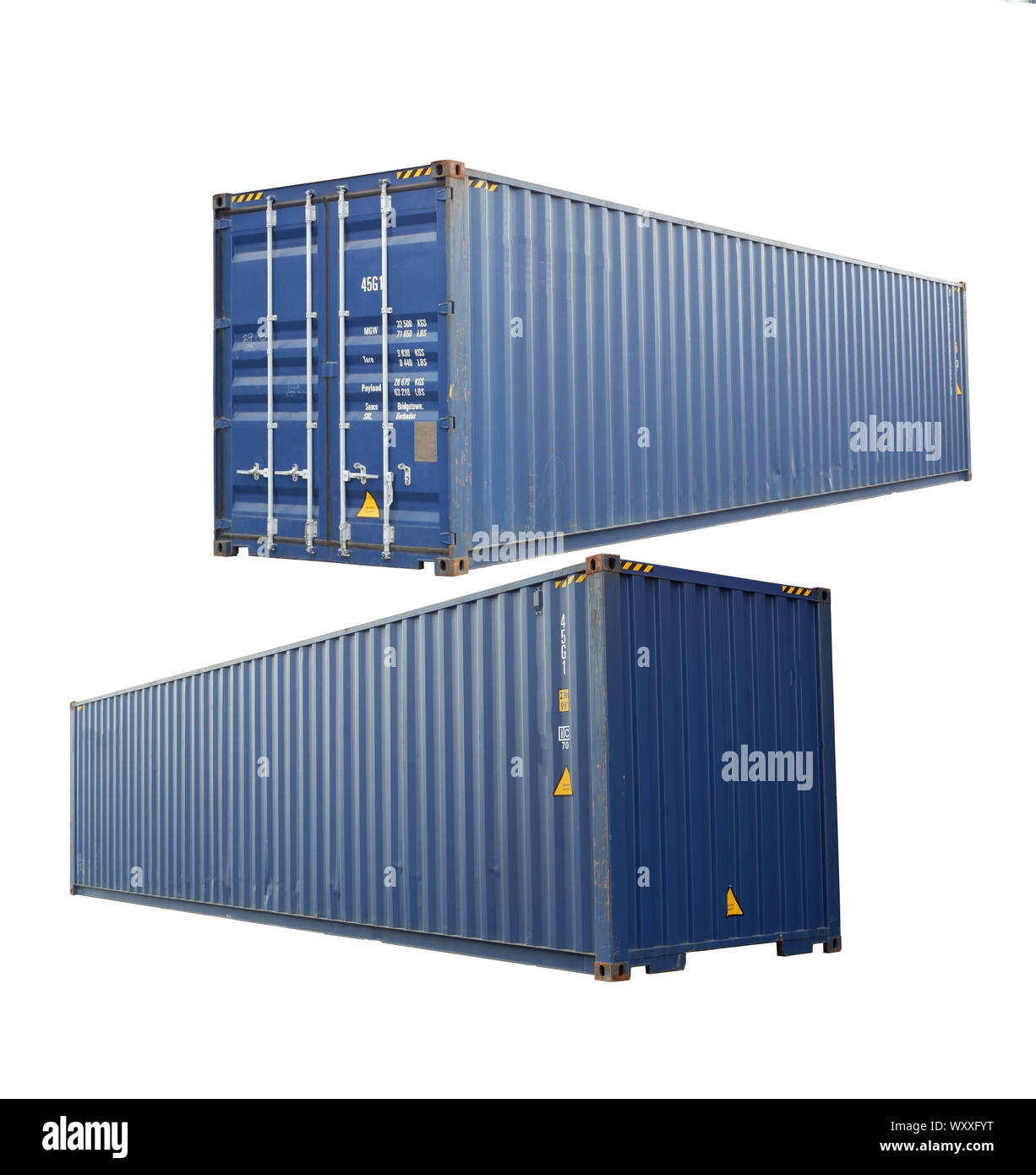 Side view And in front of Blue container, white background for ease of ...